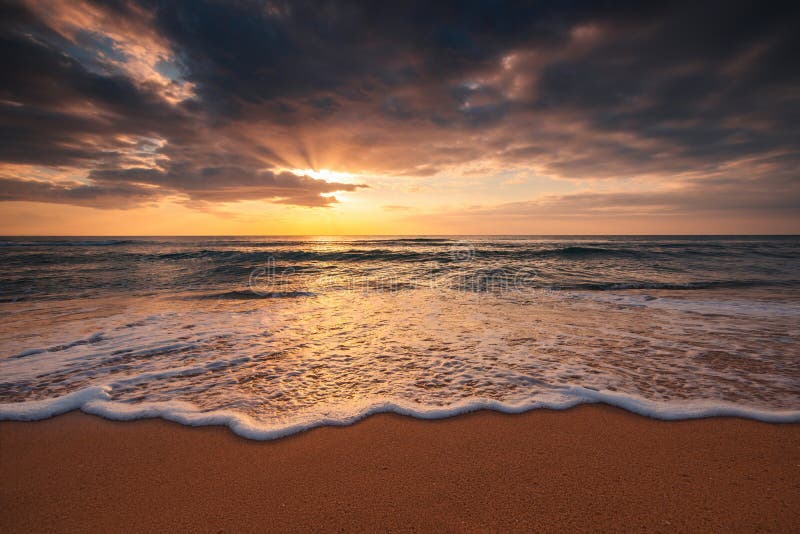 Ocean Beach Shore Sunset, Beautiful Sunrise Over the Sea Horizon Stock ...
