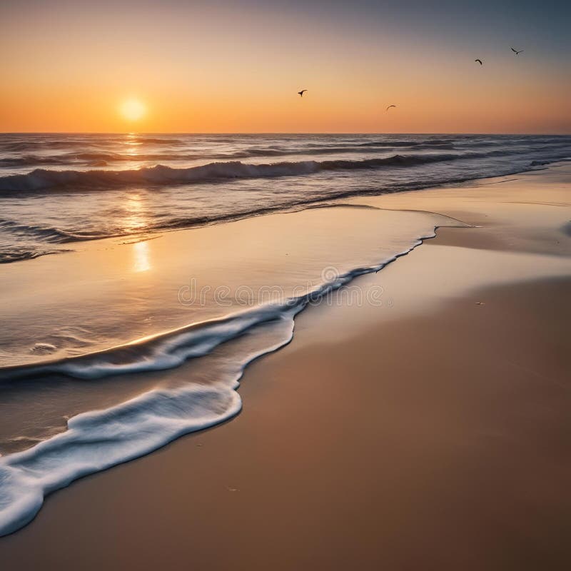 The Beach at Sunset is Calm, and Sandy with Waves Rolling Around Stock ...