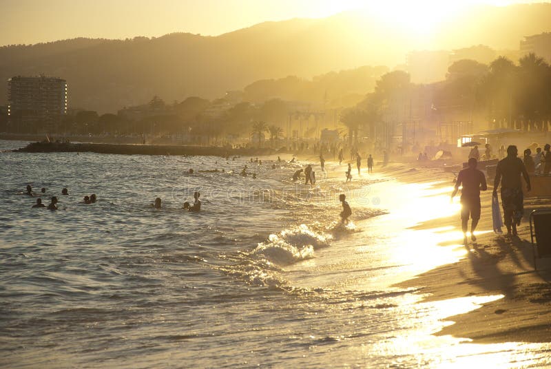 Beach Sunset in Cannes, France Editorial Photo - Image of building ...