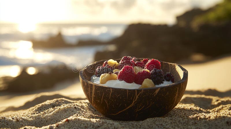 A Beach at Sunset Features a Coconut Bowl Filled with Vibrant and ...