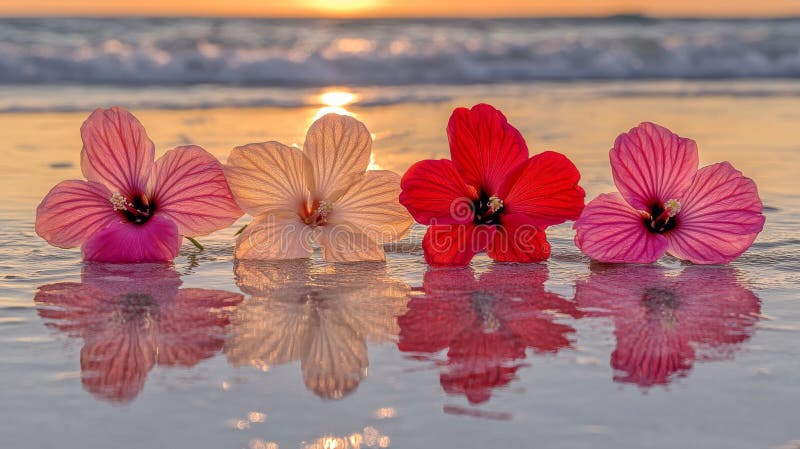 The Beach at Sunset Features a Vibrant Pink Hibiscus Set Against an ...