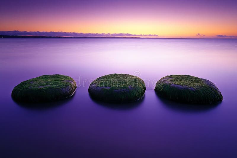 A Beach at Sunset, Featuring Three Rocks Covered in Moss in the ...