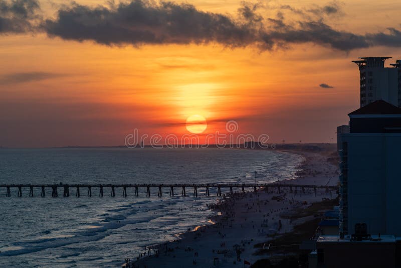 Beach Sunset Panama City Beach, Florida with Pier and People Stock ...