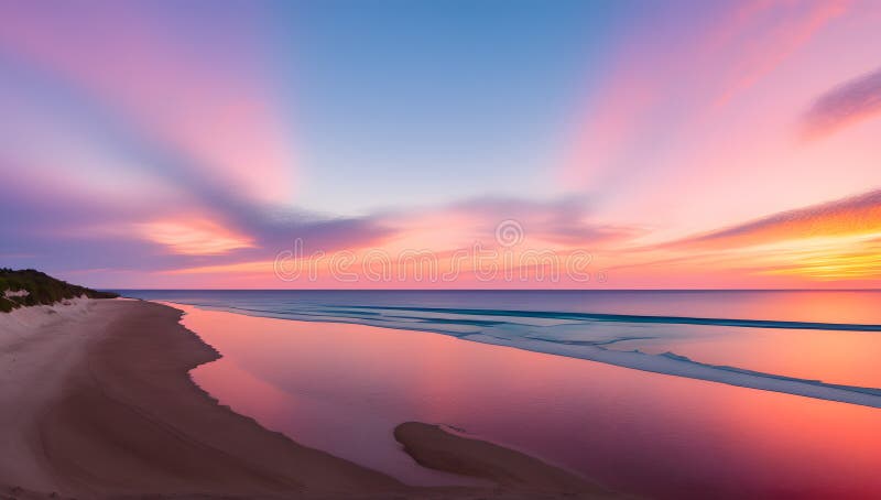 A Beach with a Sunset and a Pink Sky Stock Illustration - Illustration ...