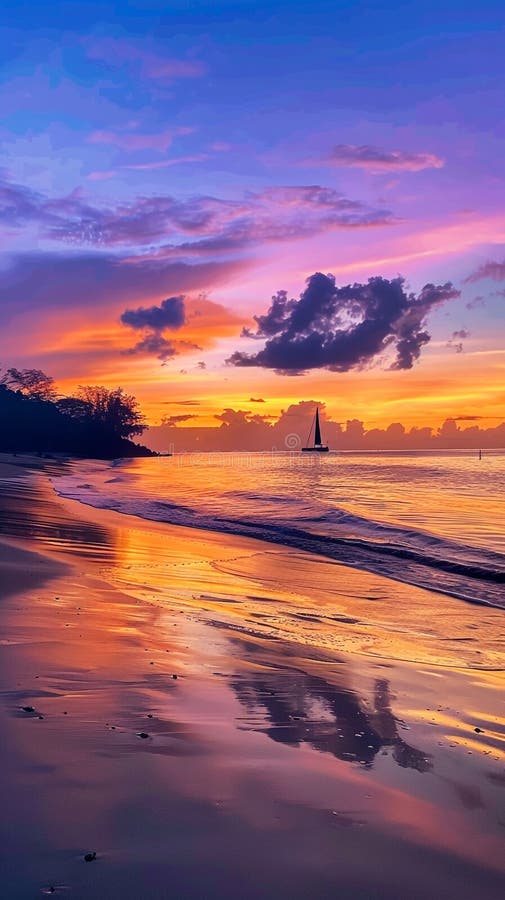 Beach sunset with sailboat stock illustration. Illustration of water ...