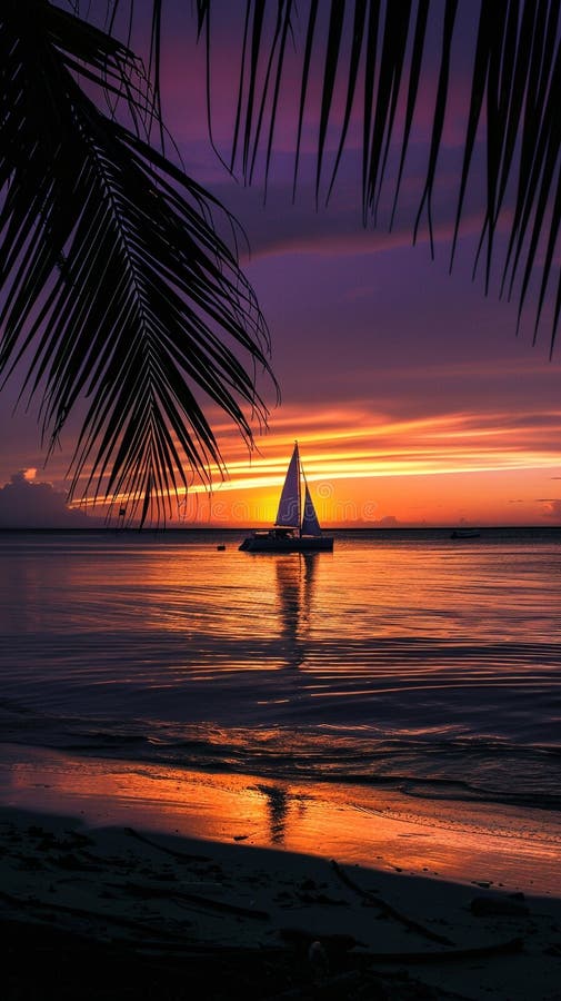 Beach sunset with sailboat stock illustration. Illustration of waves ...