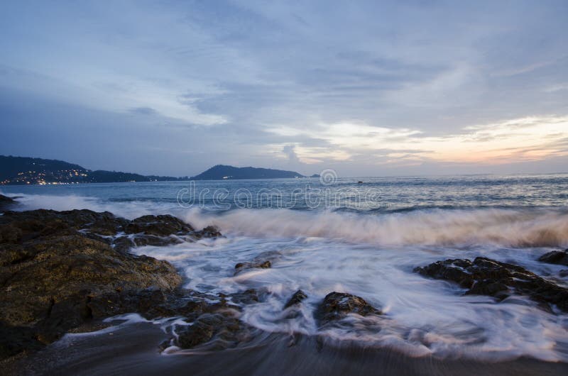 Beach Sunset on Holiday Island with High Wave Stock Image - Image of ...