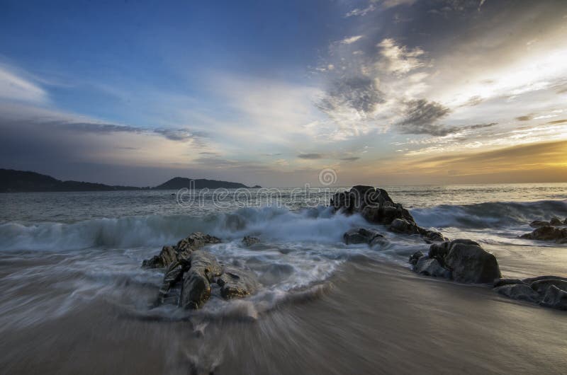 Beach Sunset on Holiday Island with High Wave Stock Photo - Image of ...