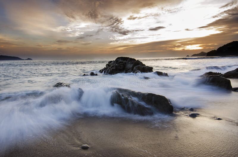 Beach Sunset on Holiday Island with High Wave Stock Image - Image of ...