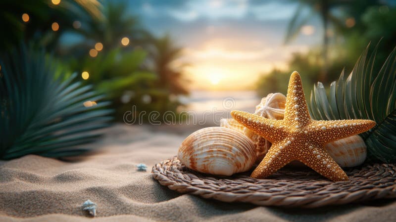 Beach Sunset with Starfish and Shells on Sand Stock Image - Image of ...