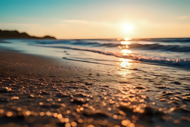 A Beach with a Sunset and the Sun Reflecting on the Water Stock ...