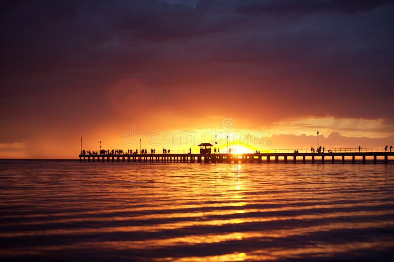 Beach Sunset or Sunrise and a Wooden Pier Stock Photo - Image of ...