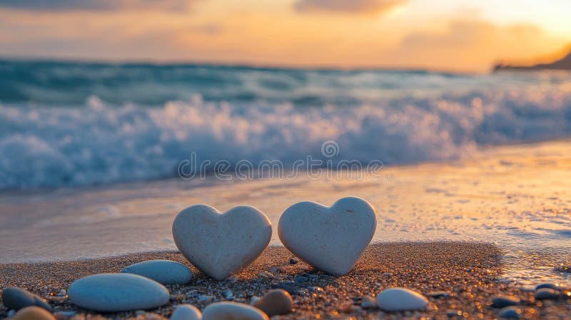 A Beach at Sunset with Two Heart-shaped Stones, Evoking Romance. Stock ...