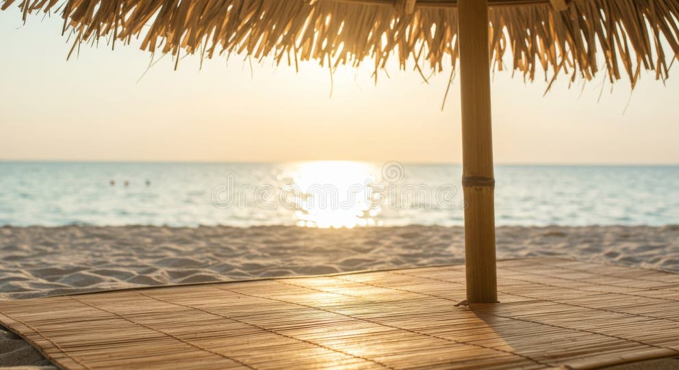Beach Sunset Under Thatch Umbrella Stock Illustration - Illustration of ...