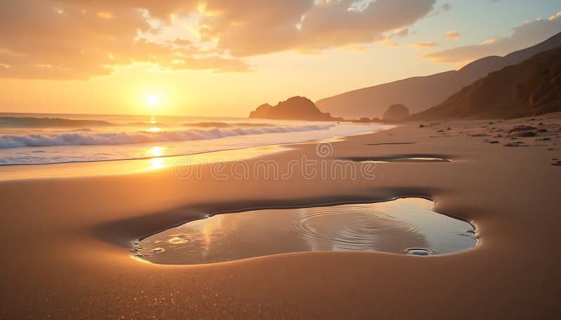 Beach at Sunset with Water Puddle Reflection Stock Illustration ...