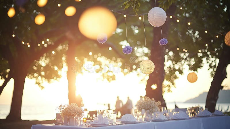 Beach Sunset Wedding Reception Decor Stock Photo - Image of lights ...