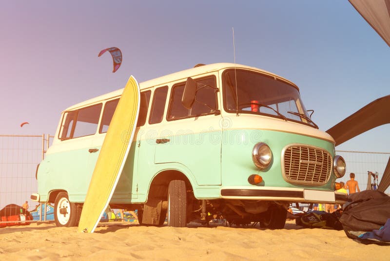 Beach Surf Van with Board on the Beach Stock Photo - Image of sport ...