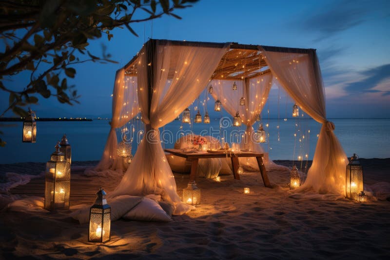Beach Table with Canopy and Candles for a Romantic Evening Celebration ...