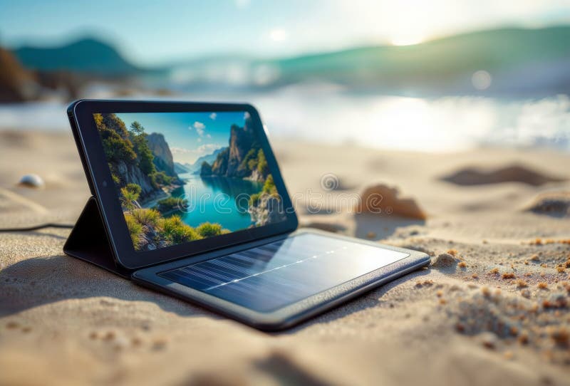 Beach Technology: Solar Tablet on Scenic Shoreline, Generative Ai Stock ...
