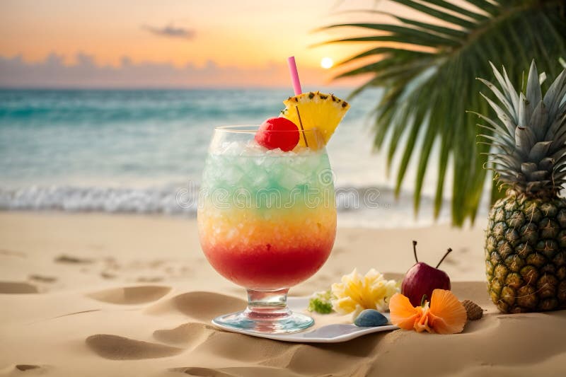 Beach Theme Cocktail with a Blur Beach Backdrop Stock Image - Image of ...
