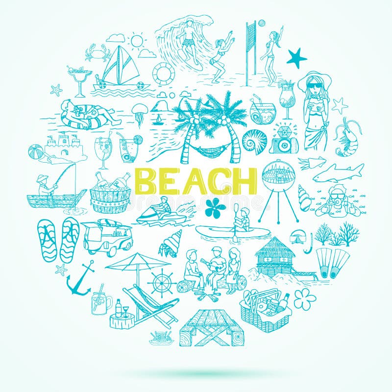 Beach theme doodle set stock vector. Illustration of coast - 57347551
