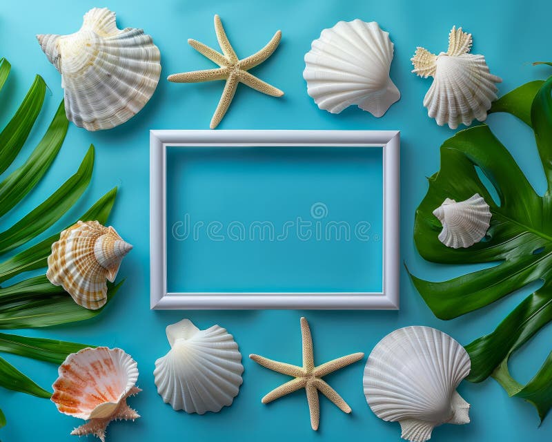 Beach Themed Frame Decor with Seashells and Starfish on a Blue ...