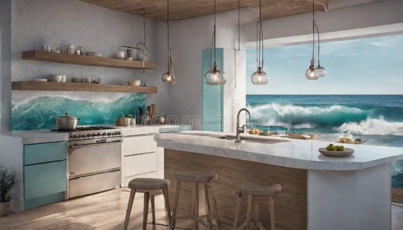 A Beach-themed Kitchen with Neon Lights Resembling Ocean Stock ...