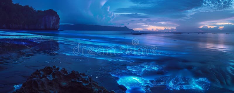 A Beach with Tide Pools that Glow with Bioluminescent Creatures at ...