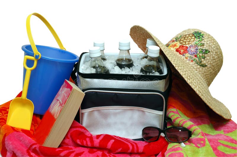 Beach Towel, Cooler, and Sand Pail Stock Photo - Image of paperback ...