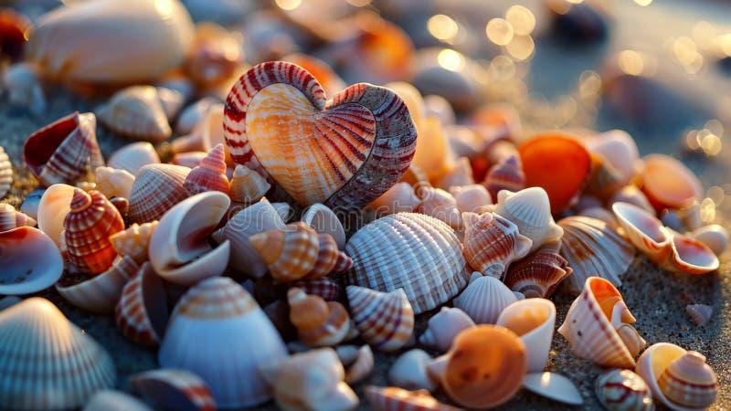 Discover Heart-shaped Shells and Seashells Adorning the Sandy Beach. Ai ...