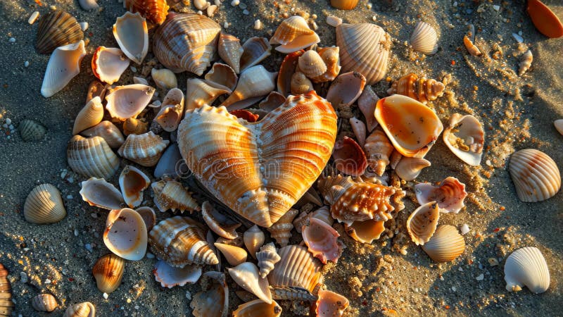 Discover Heart-shaped Shells and Seashells Adorning the Sandy Beach. Ai ...