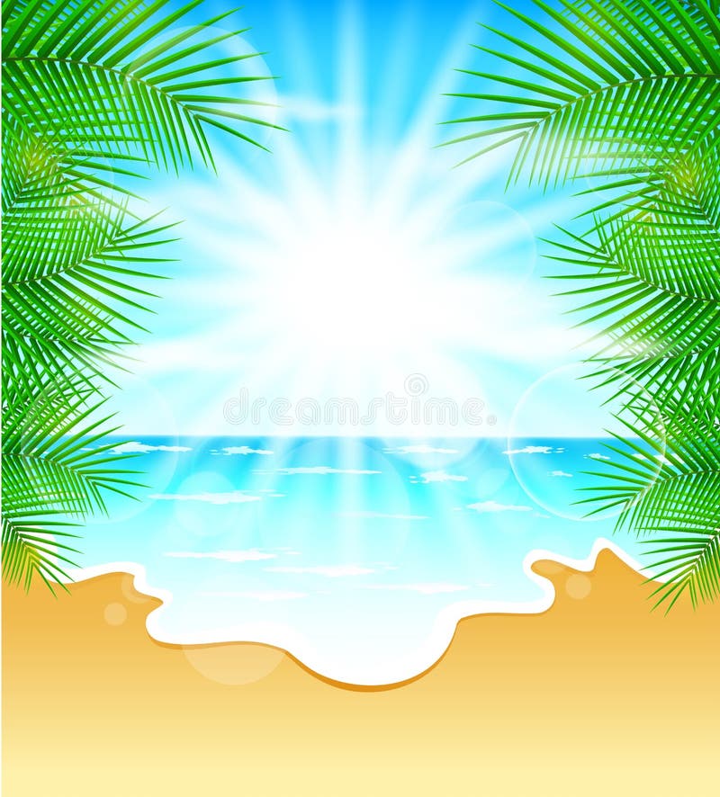 Beach and Tropical Sea with Bright Sun Stock Vector - Illustration of ...