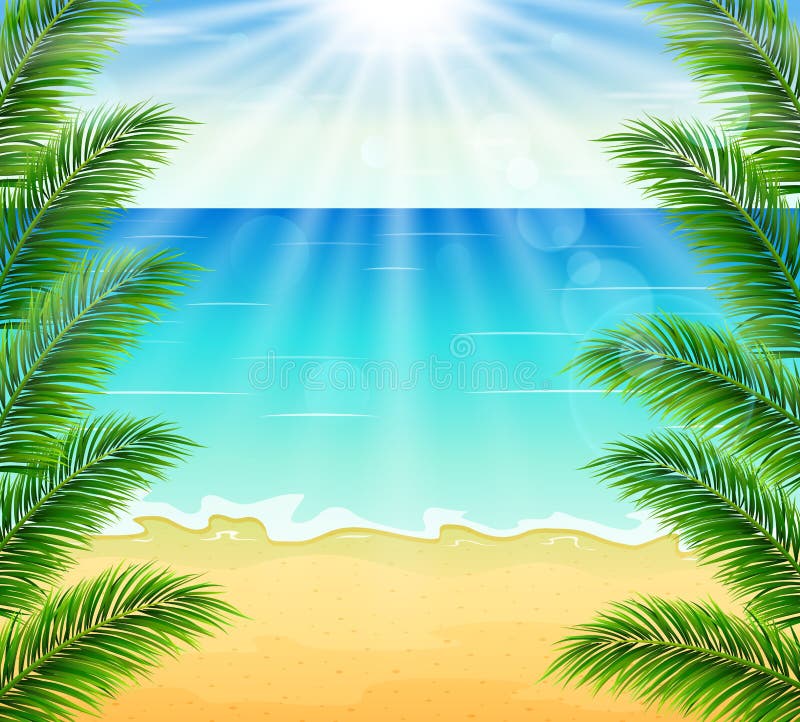 Beach and Tropical Sea with Bright Sun Stock Vector - Illustration of ...