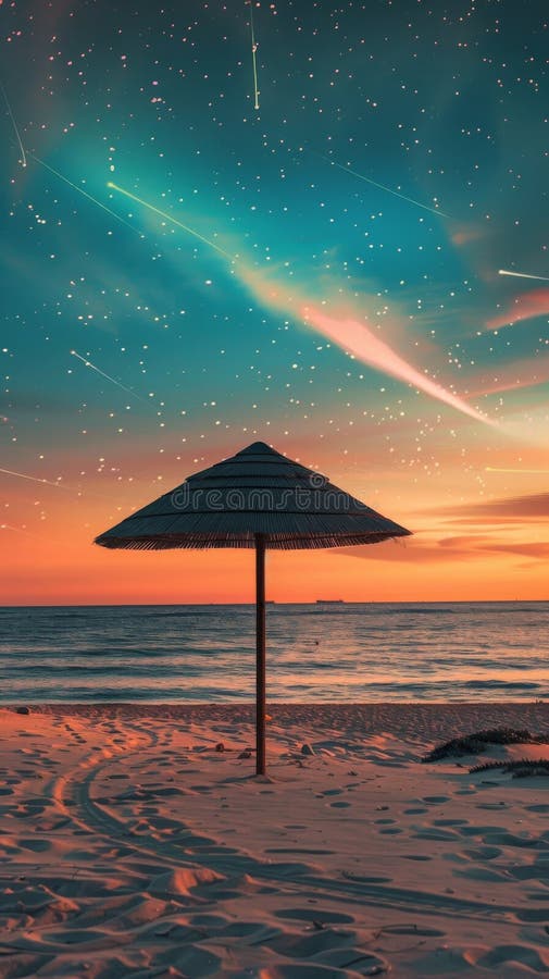 Beach Umbrella Under Starry Sky during Sunset on a Sandy Beach ...