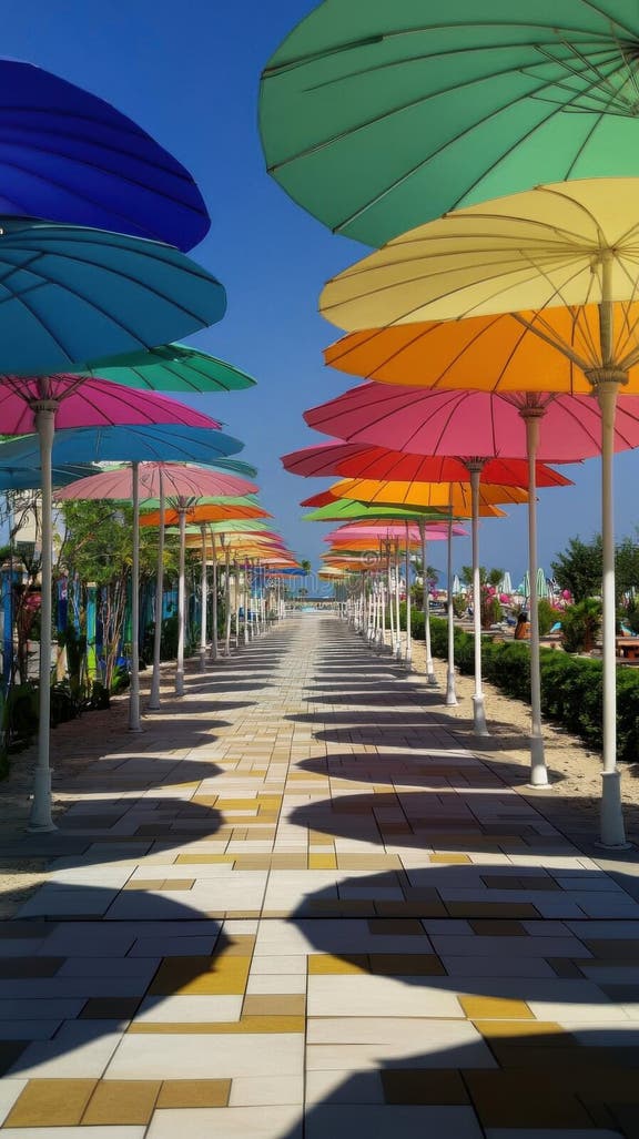 Beach Umbrellas Create a Colorful Pathway and Sunny Days Theme Stock Photo - Image of pathway ...