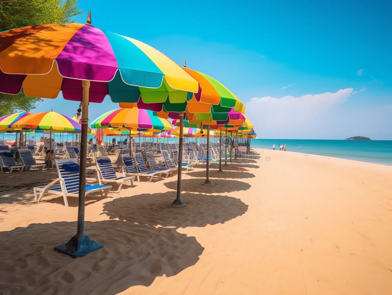 Beach Umbrellas and Deckchairs on Beautiful Tropical Beach. Made with ...