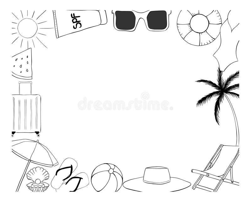 Beach Vacation Rectangle Frame Template for Text. Vector Graphic Line ...