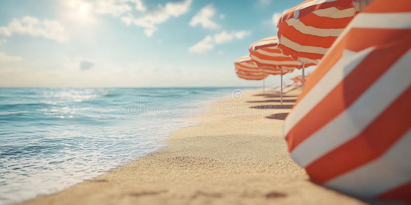 Beach Vacation Sunny Shore Striped Umbrellas Background Wallpaper Stock ...
