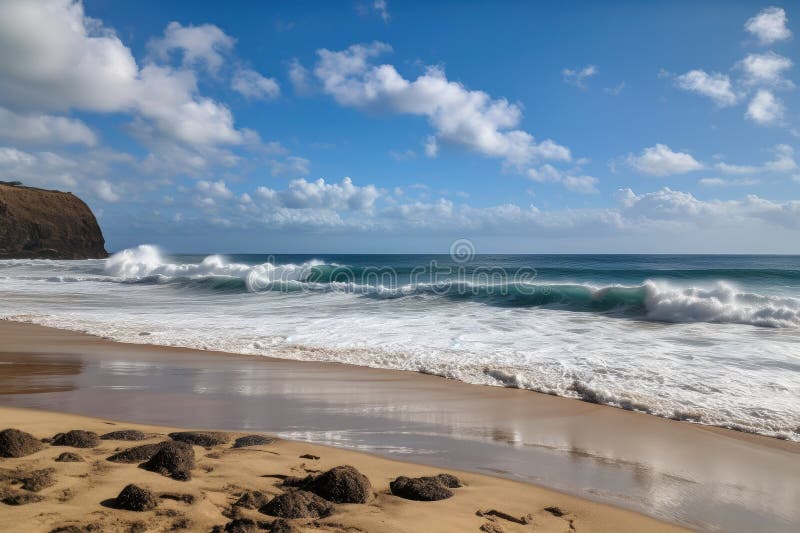 Beach with View of Blue Sky and White Clouds, and Waves Rolling Onto ...