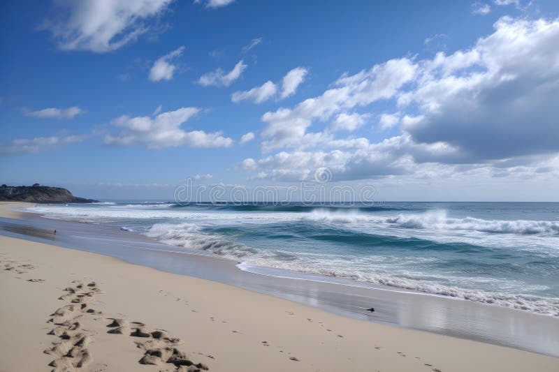 Beach with View of Blue Sky and White Clouds, and Waves Rolling Onto ...