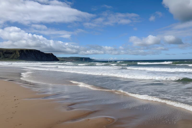 Beach with View of Blue Sky and White Clouds, and Waves Rolling Onto ...
