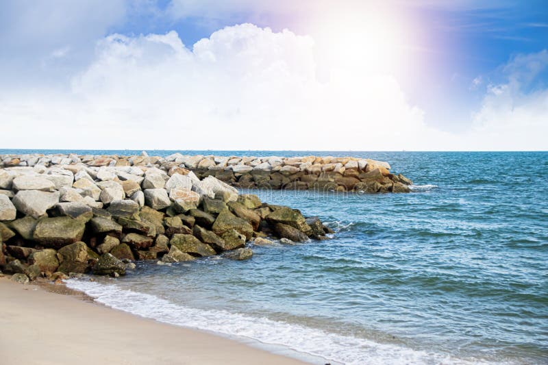 Beach View Has a Breakwater Made of Large Rocks Stock Photo - Image of ...