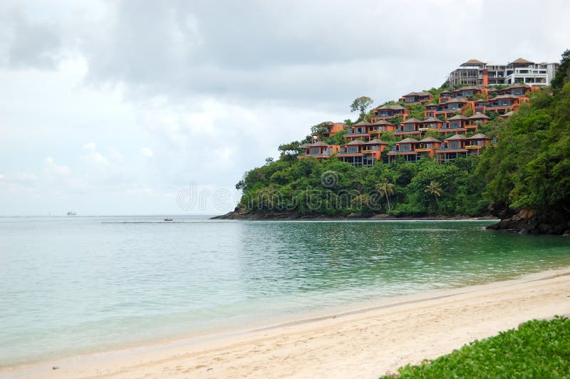 Beach with a View on Lagoon with Luxury Villas on Hill Stock Image ...