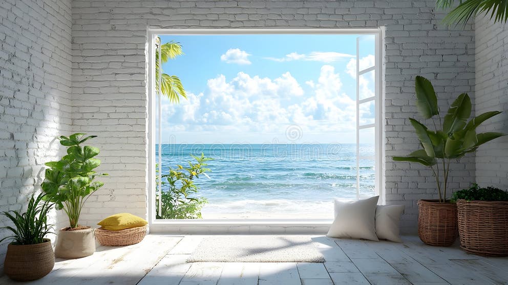 Beach View through Window stock illustration. Illustration of wooden ...