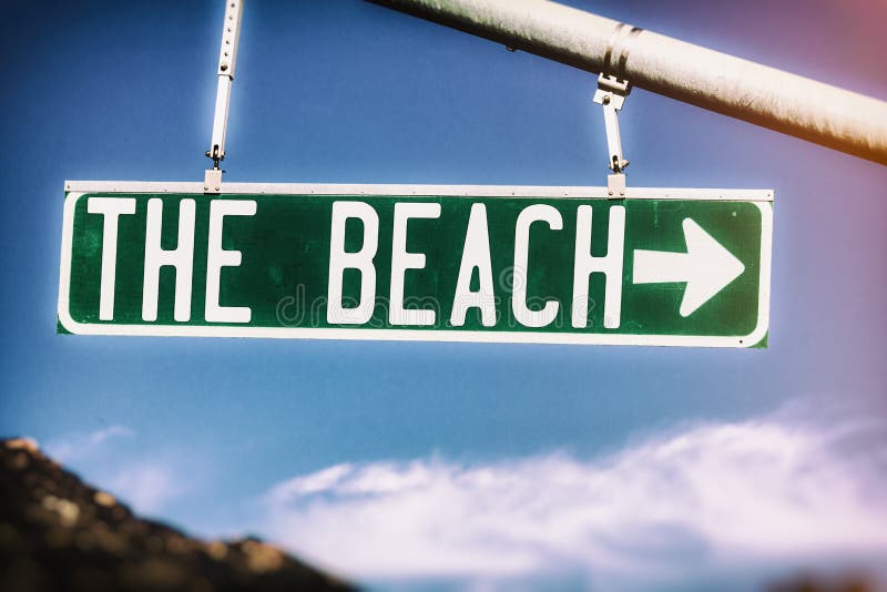 The Beach Vintage Street Sign Stock Image - Image of vintage, sign ...