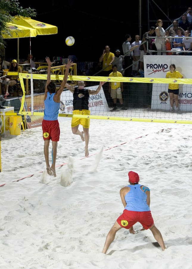 Athlete Man Beach Volleyball Jumping Spike Attack. Defense. Editorial ...