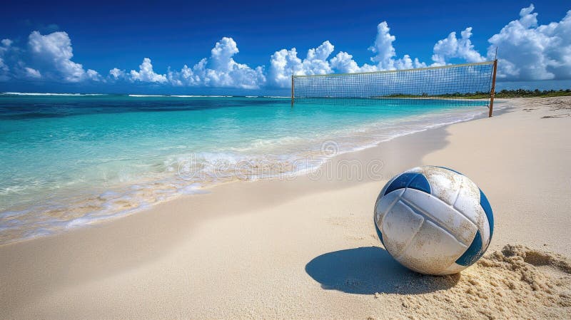 Beach Volleyball Ball on Sandy Shore with Ocean Waves and Blue Sky ...