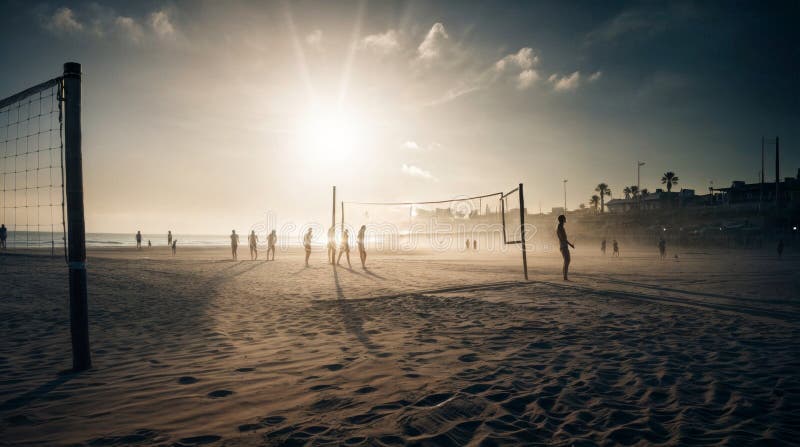 Beach Volleyball Game at Sunset with Players Silhouetted Stock ...
