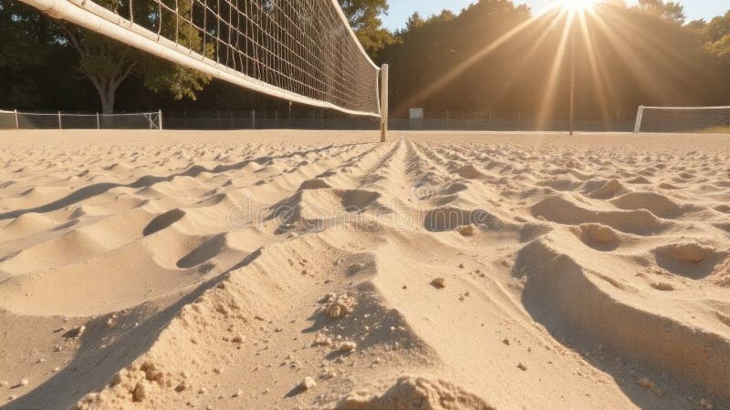 Beach Volleyball Net Casting Long Shadows on Sand at Sunset Stock Photo ...