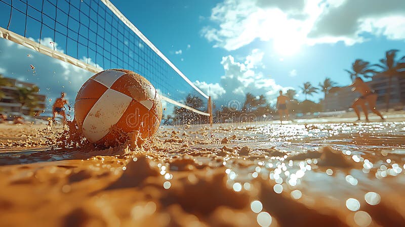Beach Volleyball Scene with Ball in Sand, Bright Sunlight, and Players ...